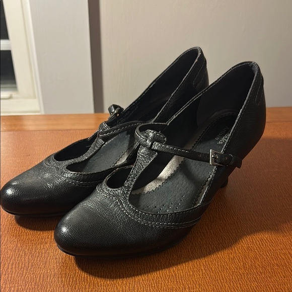 Clarks | Shoes | Clarks Artisan Black Tstrap Heels With Perforated ...